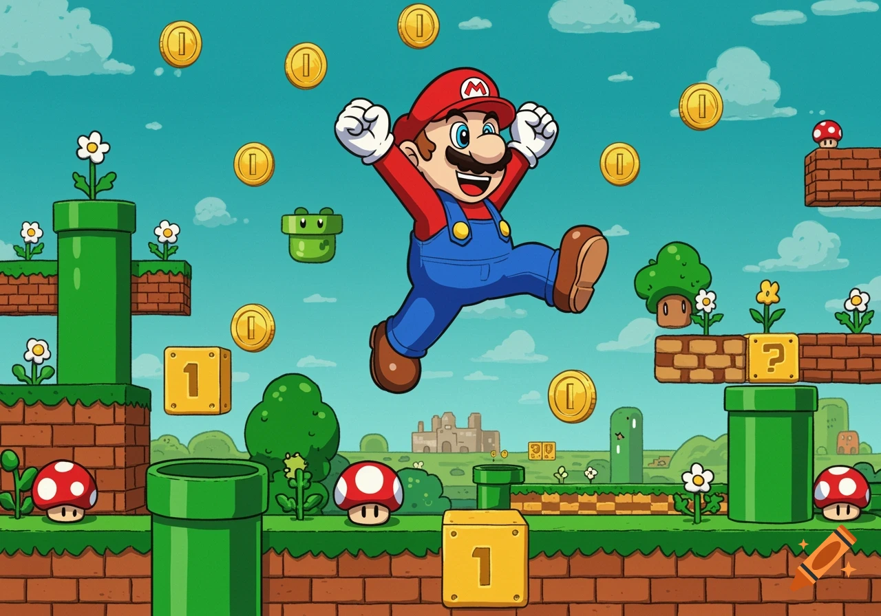 Cartoon Mario jumping in a Super Mario Bros. inspired level with pipes ...