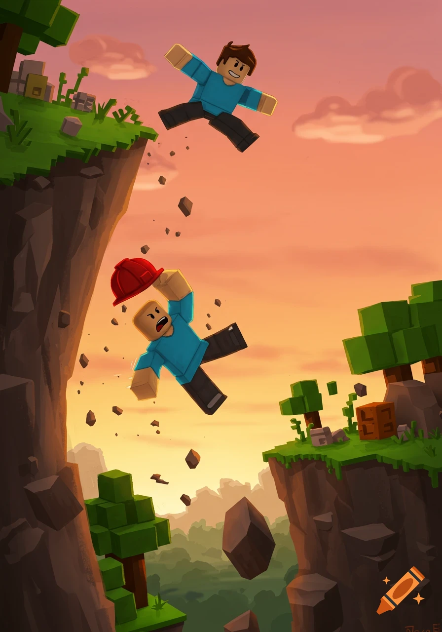 Two blocky characters fall from a crumbling cliff at sunset, one ...