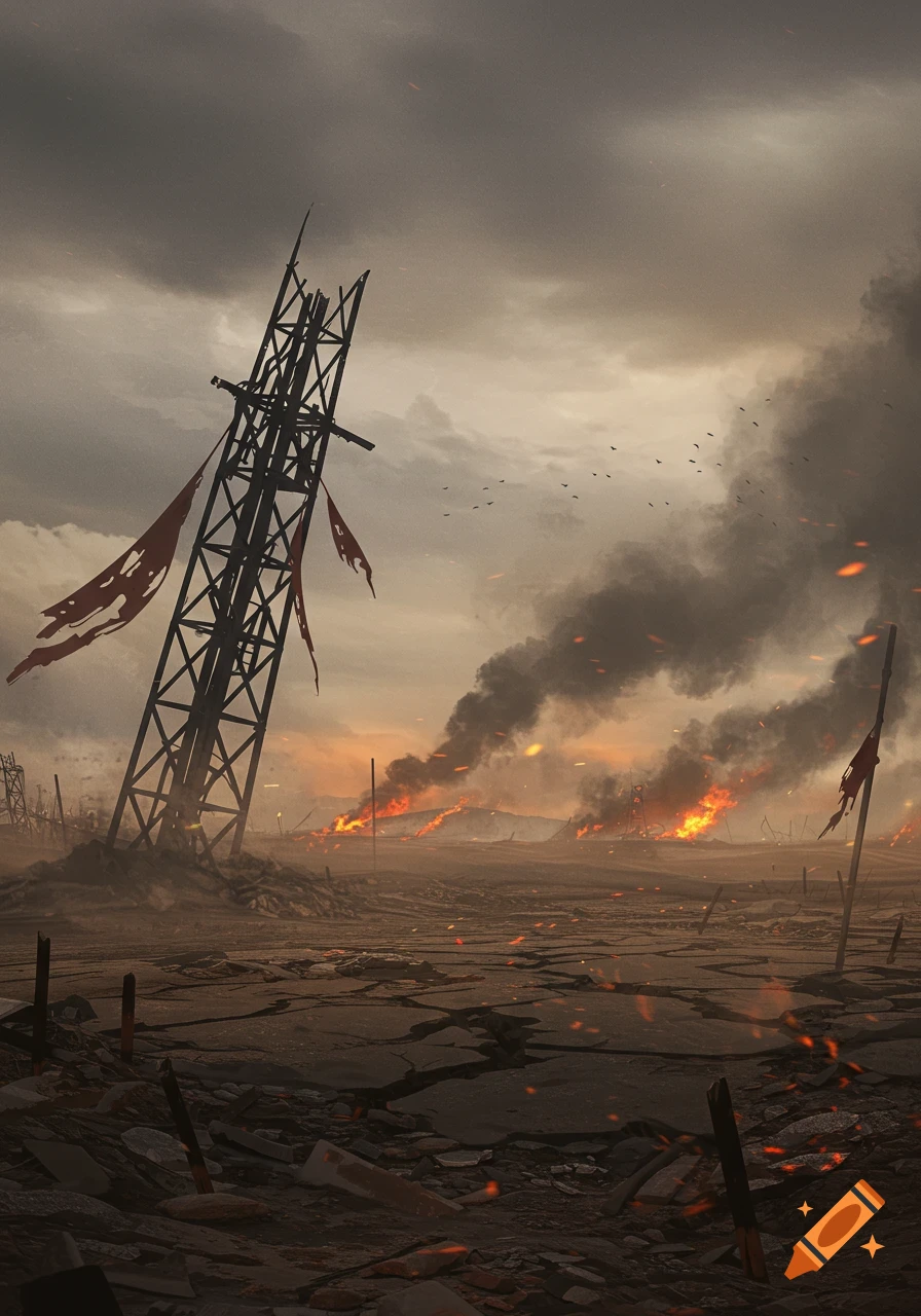 Anime style illustration of a desolate, war-torn city landscape with ...