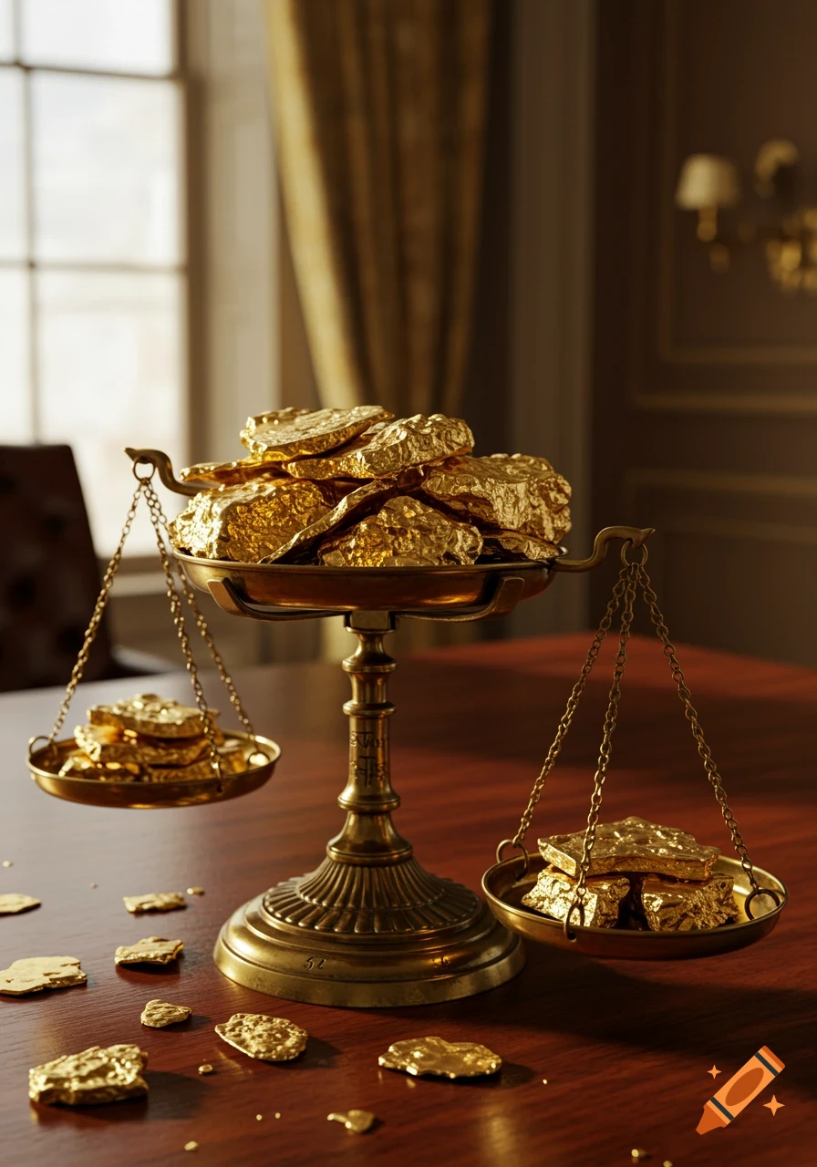 A vintage brass balance scale overflowing with rough gold nuggets sits on a polished wooden desk ...