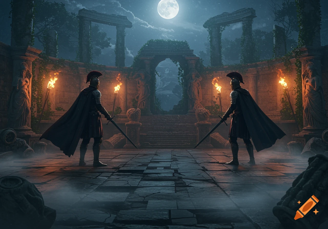 Two armored knights stand with swords drawn in ancient, torchlit ruins ...