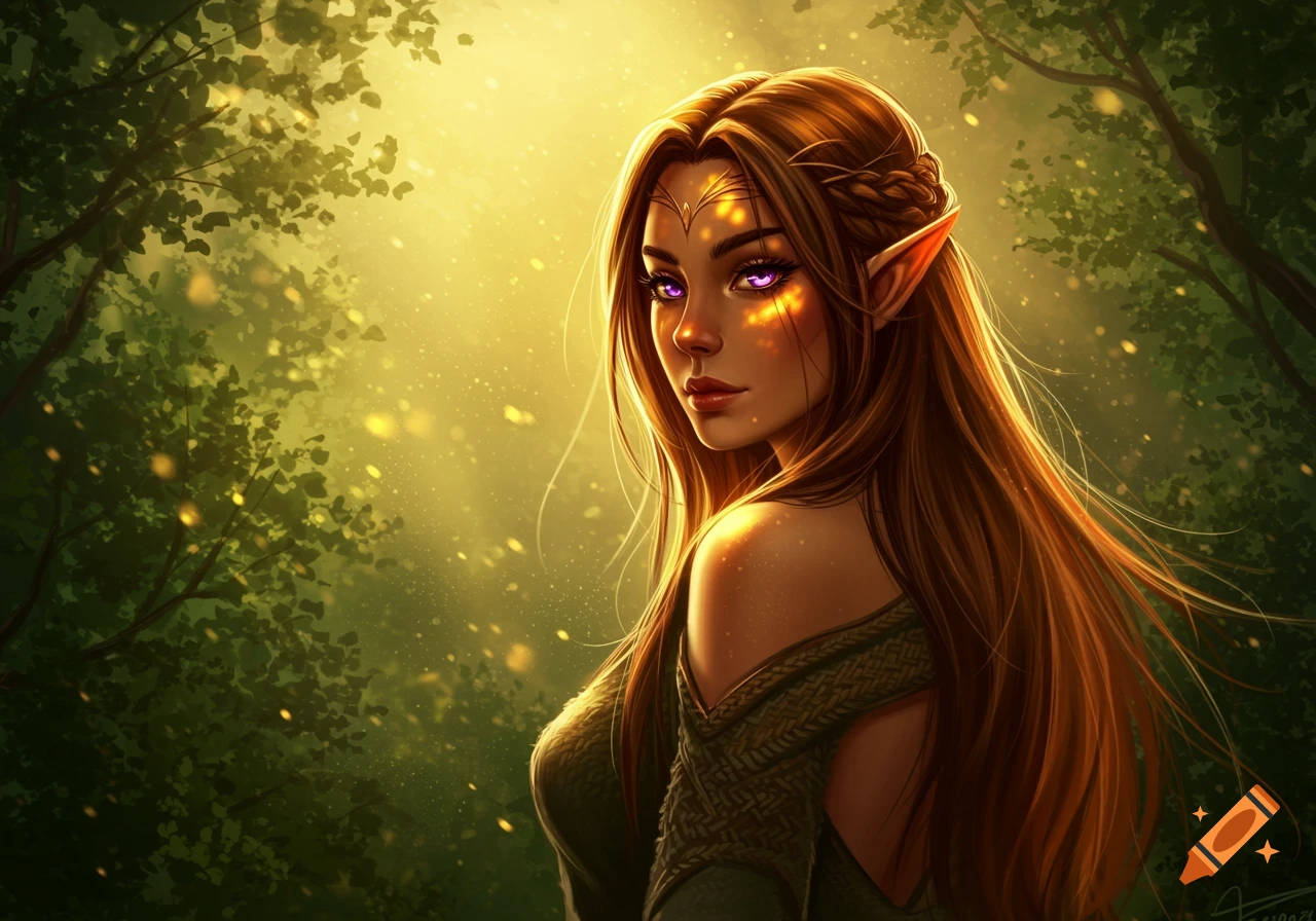 A female elf with long brown hair and striking purple eyes looks over ...