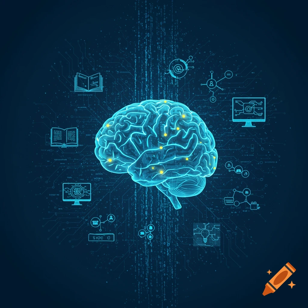 A glowing human brain with neural connections surrounded by a ChatGPT logo and icons for ...