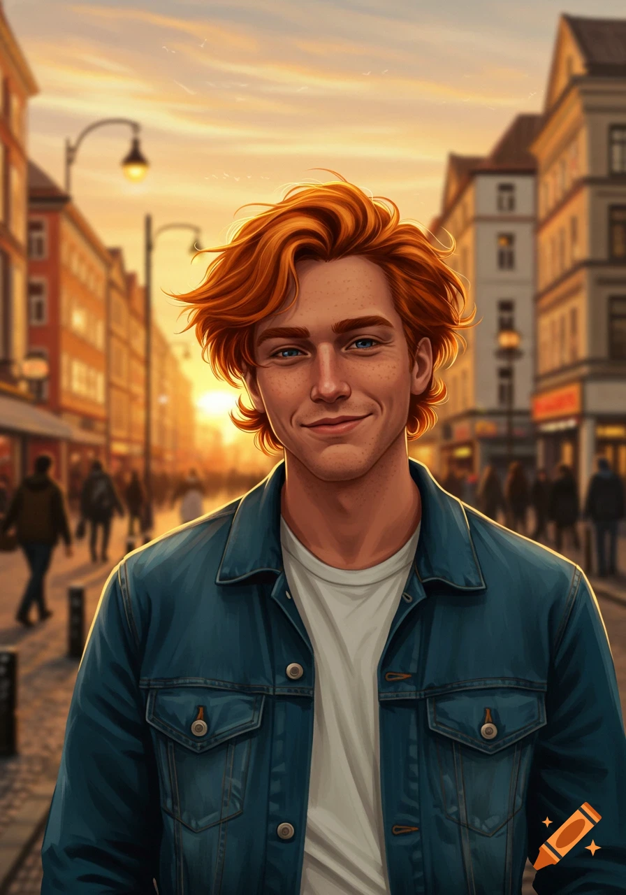 A smiling young man with ginger hair and blue eyes wears a denim jacket ...