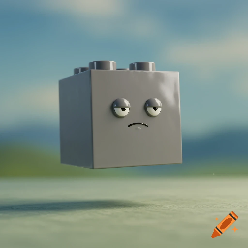 A 3D render of a floating gray Lego brick with a bored expression ...