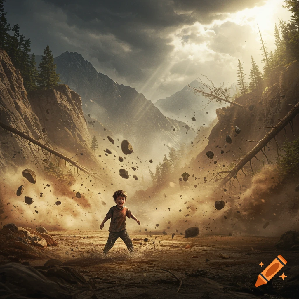 A young boy stands in a dusty, rocky landslide in a dramatic mountain ...