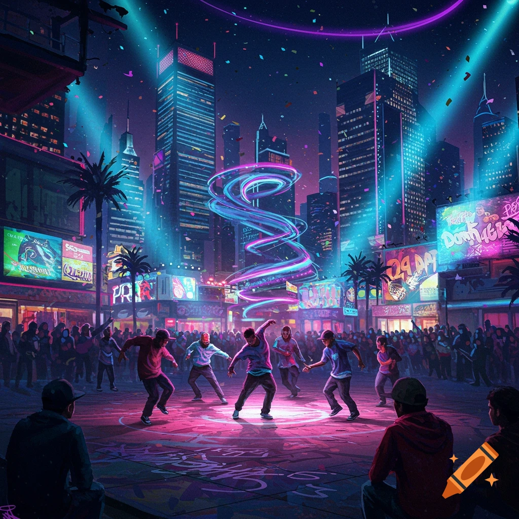A vibrant, neon-lit cyberpunk city at night with a large crowd gathered ...