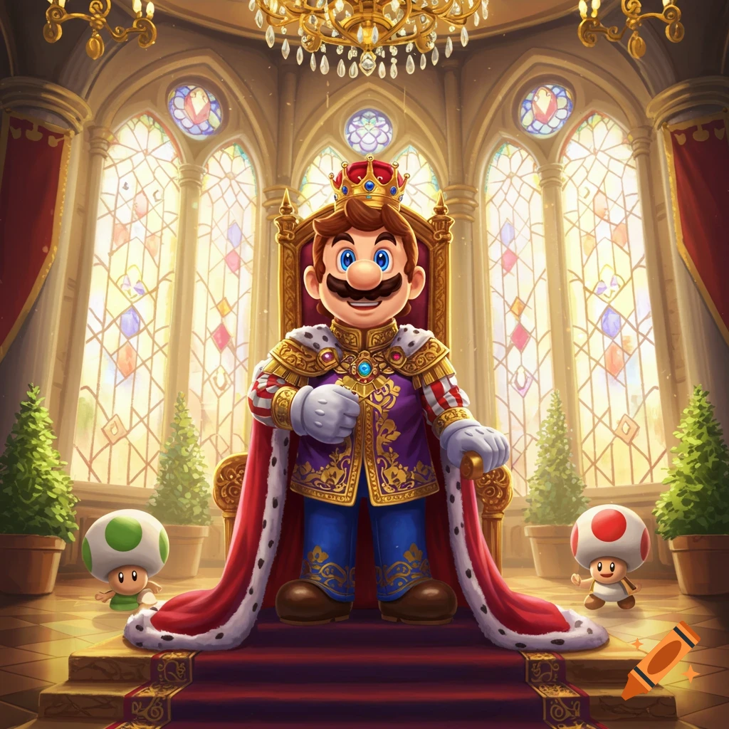 Mario dressed as a king, wearing a crown and royal robes, standing on a ...