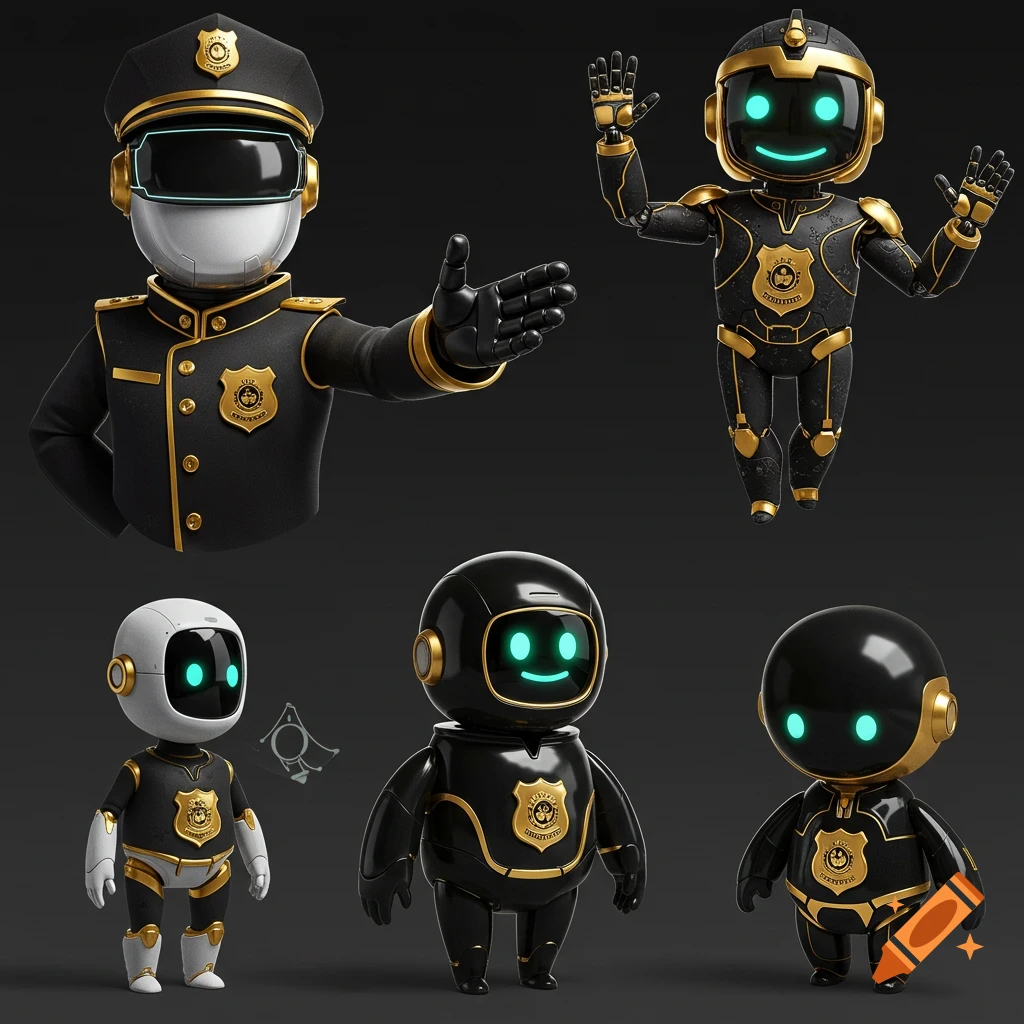 Five stylized black and gold police robots, some with silver accents ...