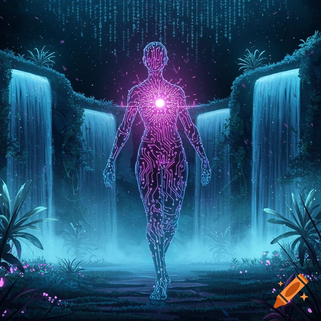 A glowing, stylized human figure made of circuit patterns stands in a ...