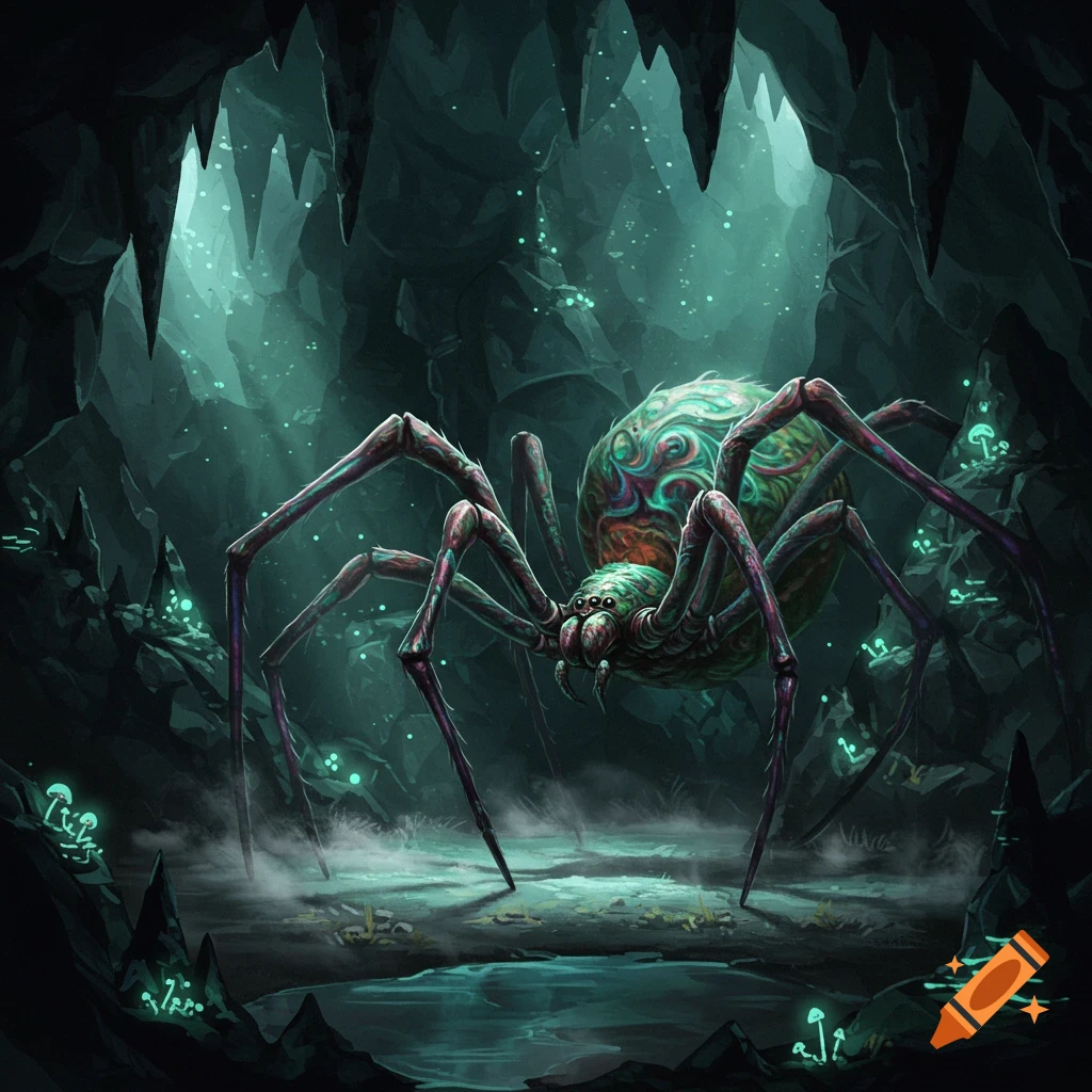 A giant spider stands on the surface of a moonlit ocean, with luminous ...