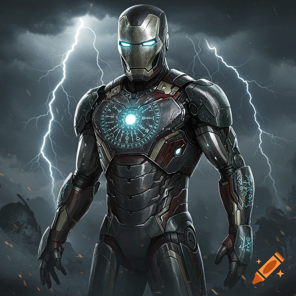 Iron Man in a dark, detailed suit with glowing blue arc reactor and ...