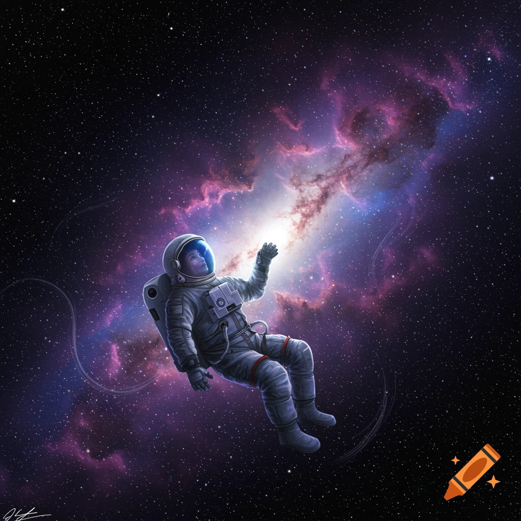 Cartoon illustration of a panda wearing an astronaut suit floating in ...