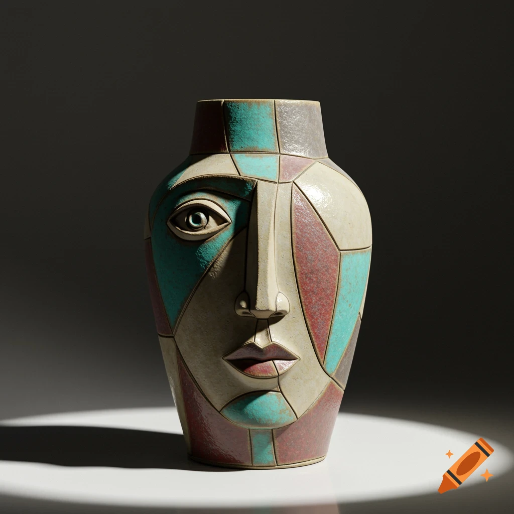 A Cubist abstract face sculpted onto a vase, featuring geometric ...