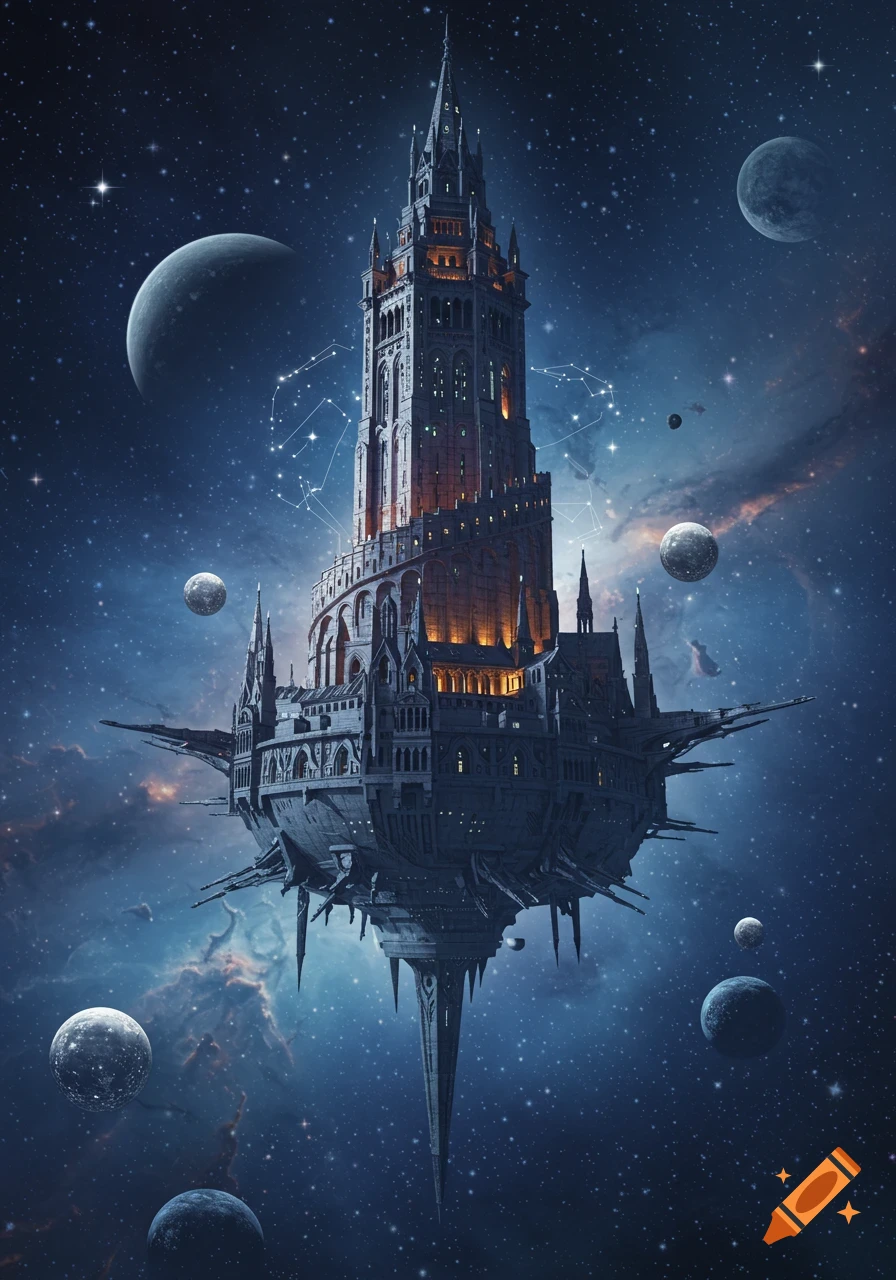 A majestic, gothic wizard tower resembling a medieval spaceship floats ...