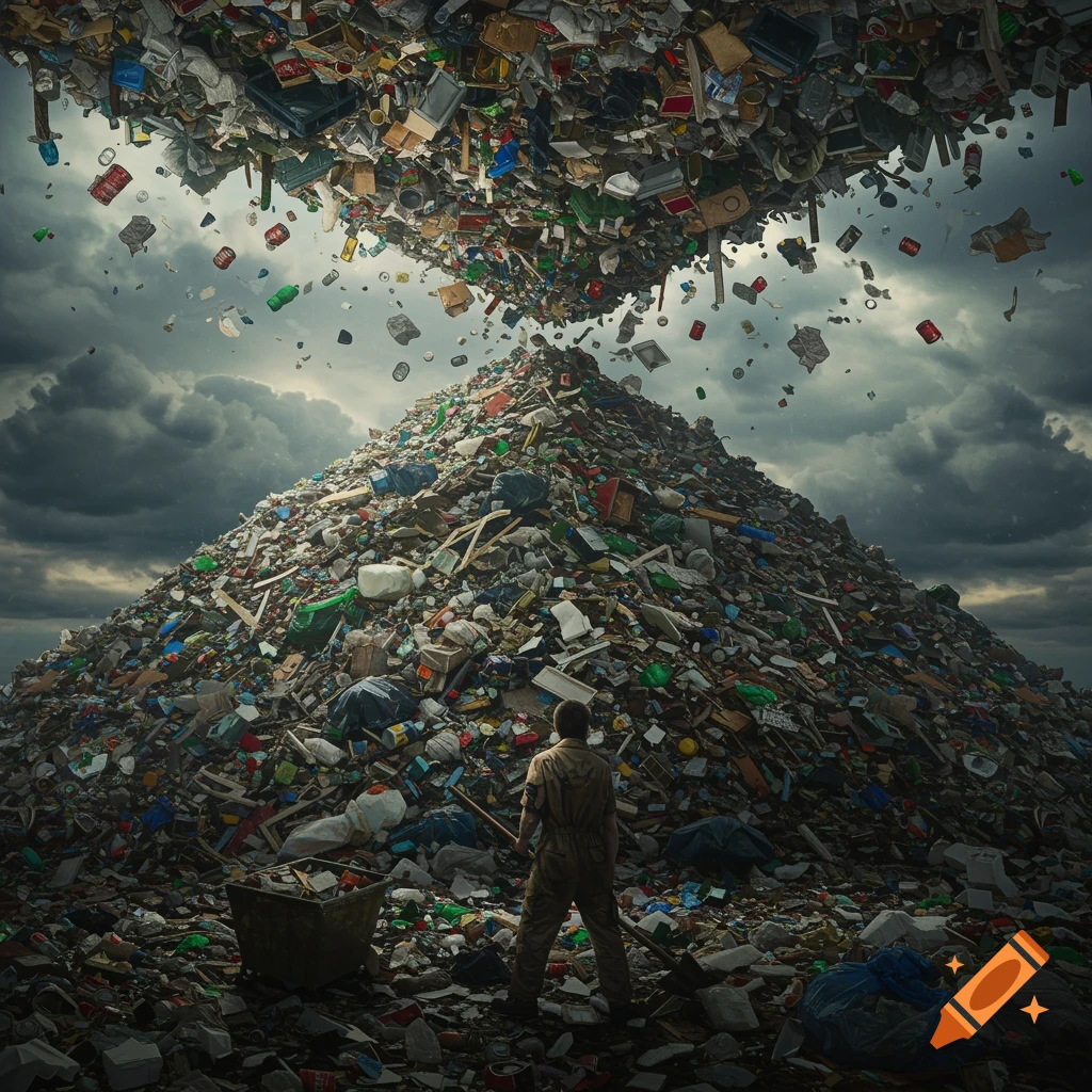 A person stands before a massive pile of trash, with more garbage ...