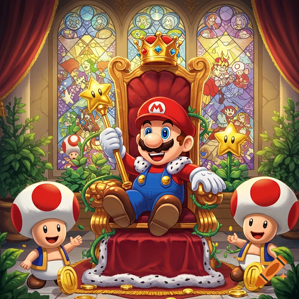 King Mario sits on a grand throne, holding a star scepter, with two ...
