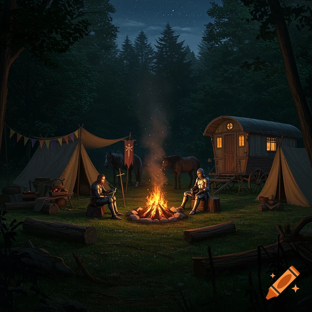 An ancient village of log cabins in a dense forest with people, campfires, and animals, rendered ...