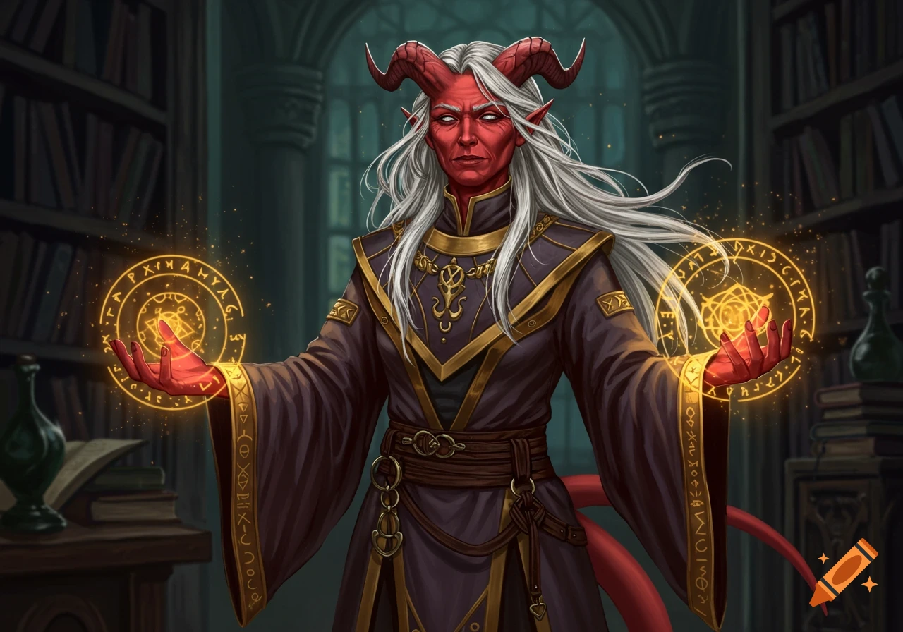 Blue-skinned tiefling woman in a nun's habit with yellow eyes, standing ...