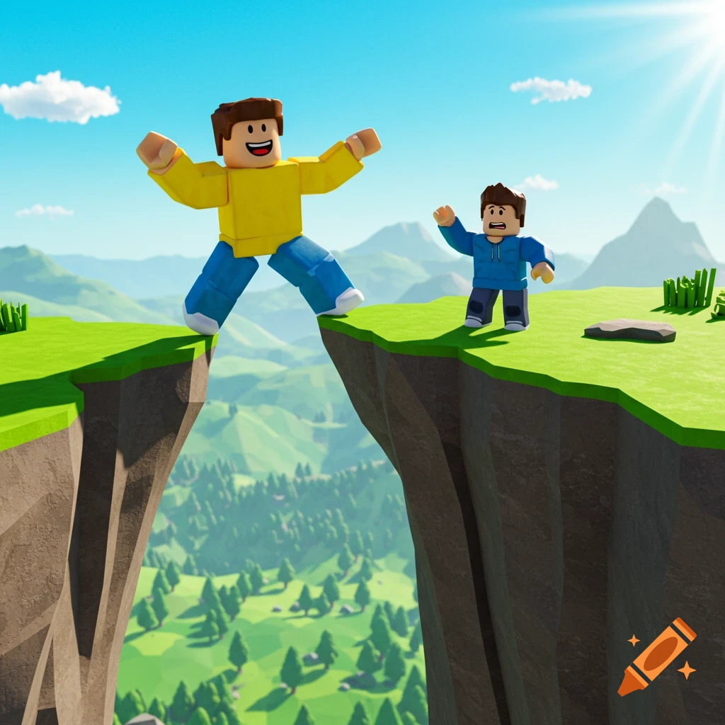 Two blocky Roblox characters on cliff edges; one in yellow is mid-fall ...