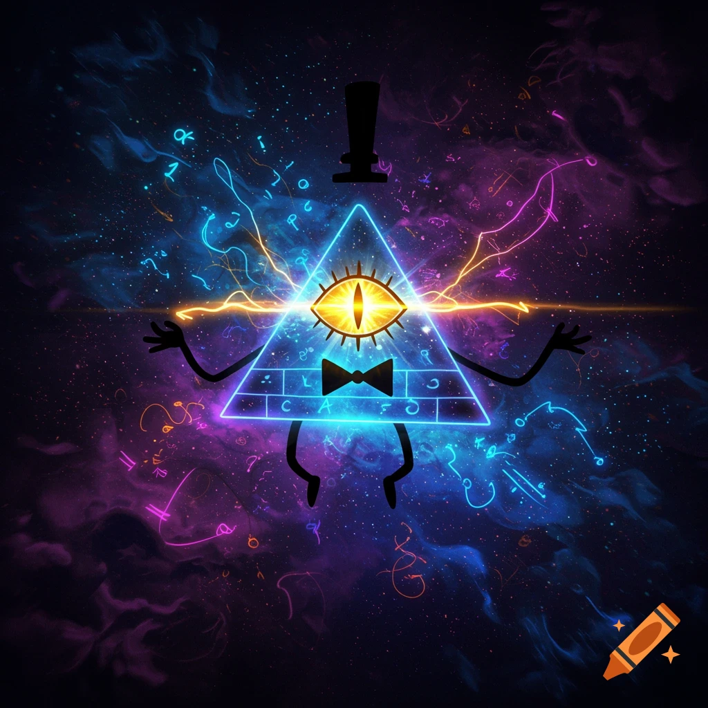 Bill Cipher, a glowing yellow triangular cartoon character with a ...