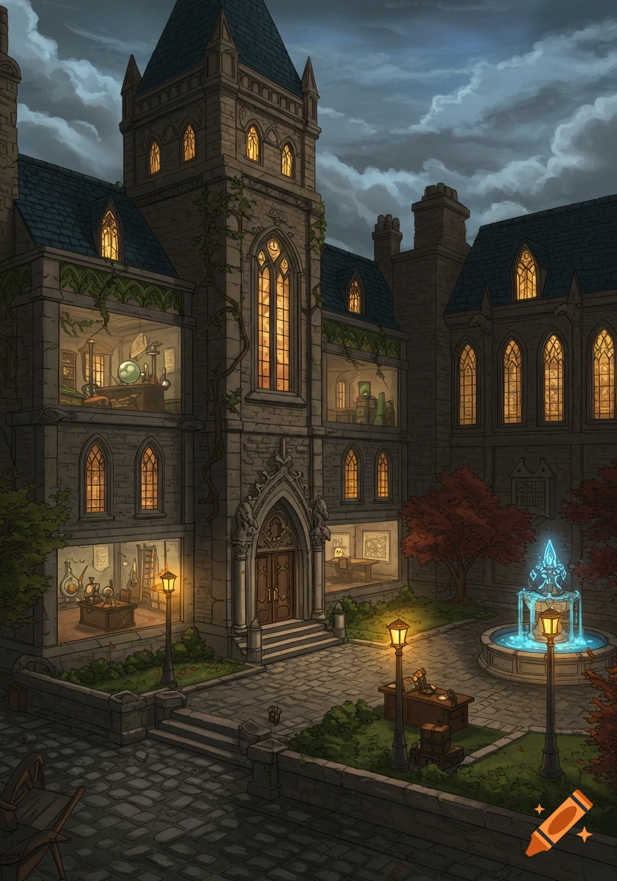 A detailed illustration of a gothic-style magical university or ...