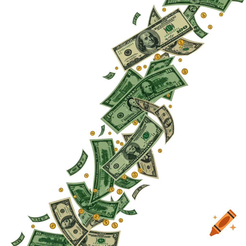 Comic art illustration of a money bag overflowing with cash and coins ...