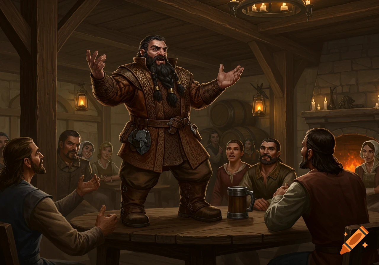 A bearded dwarf with braided hair stands on a table in a dimly lit ...