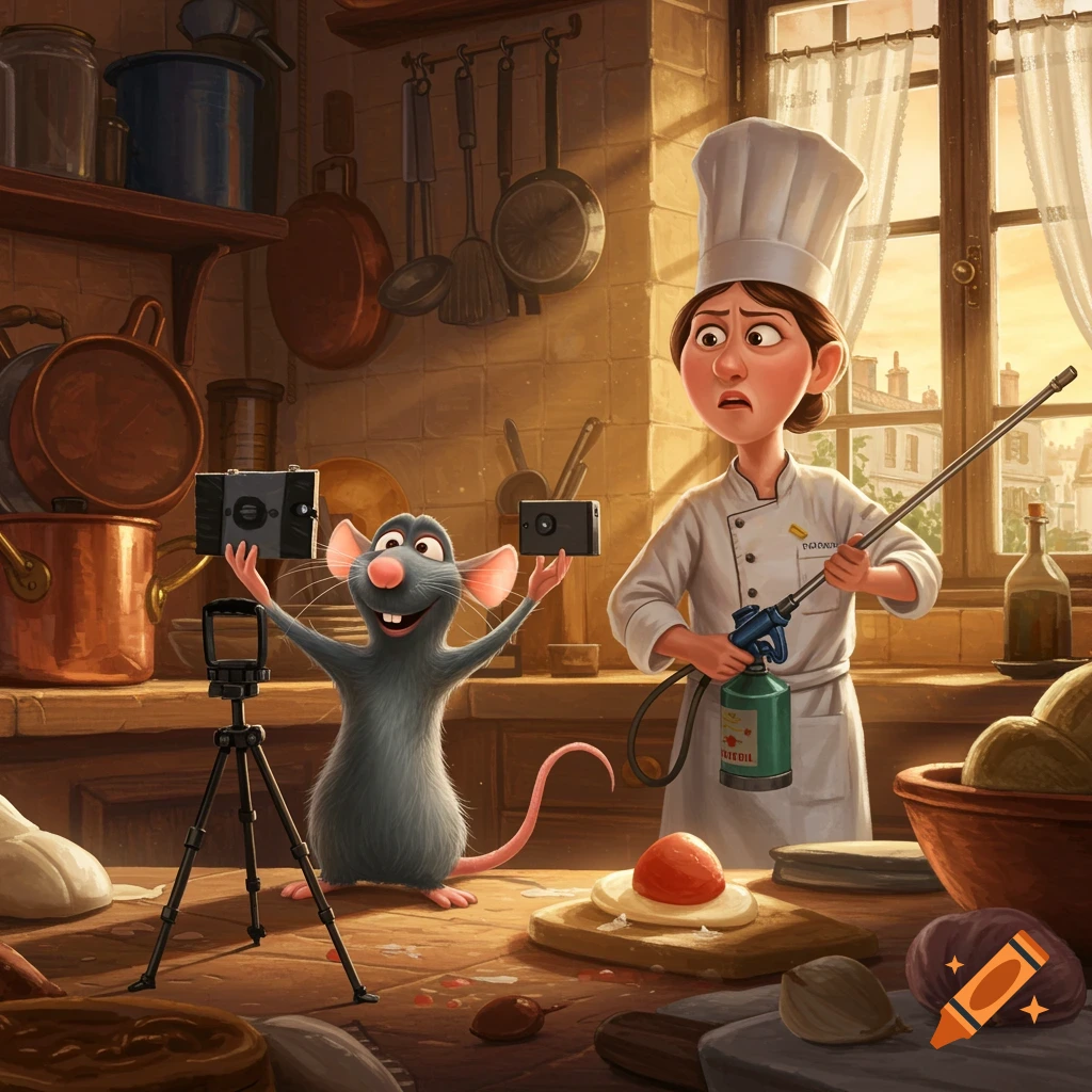 Remy the rat holds up two cameras for a selfie with Colette, who looks ...