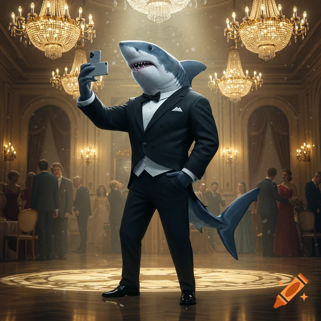 A shark in a tuxedo stands on two feet, taking a selfie with a ...