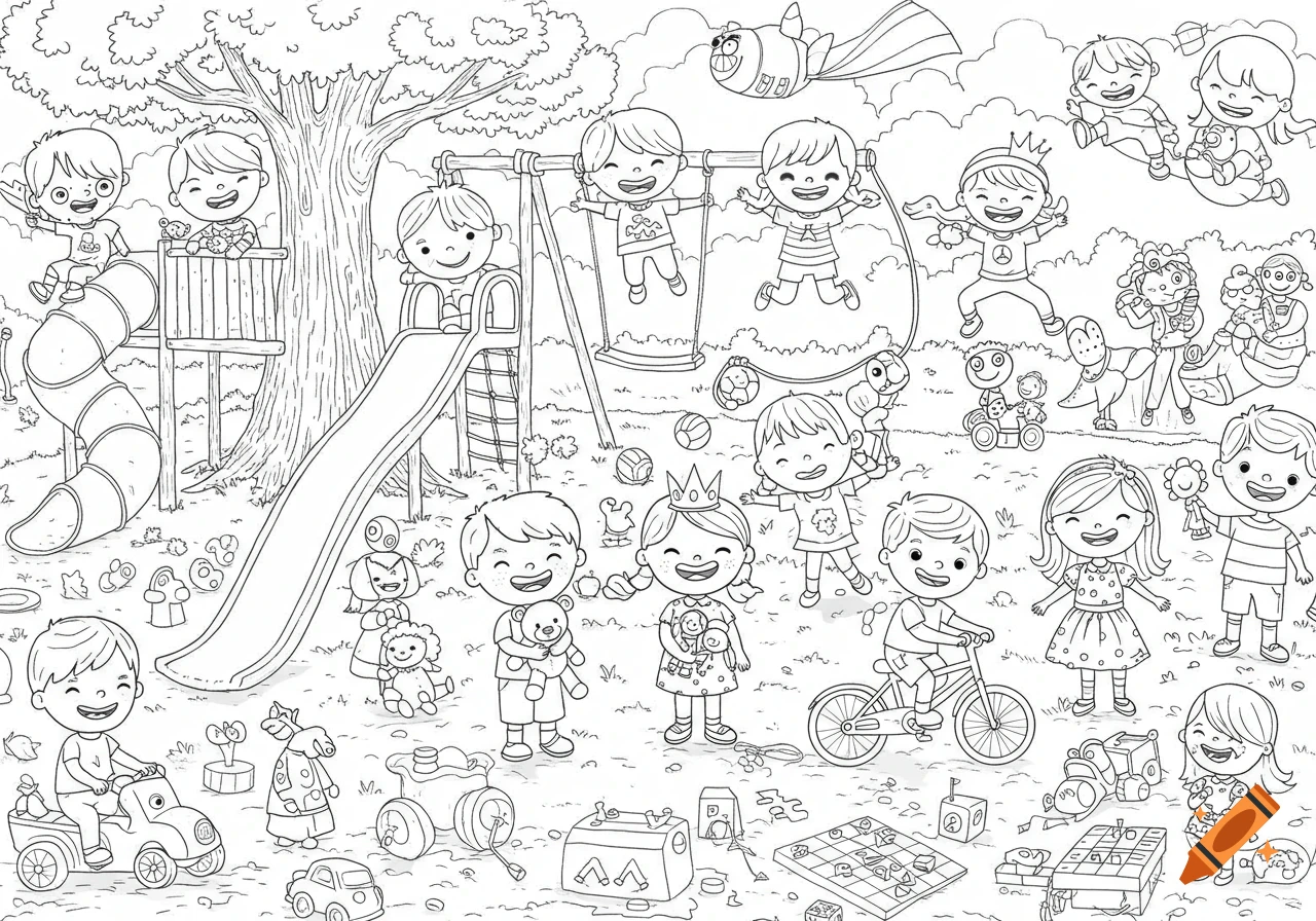A detailed black and white coloring page showing many happy children ...
