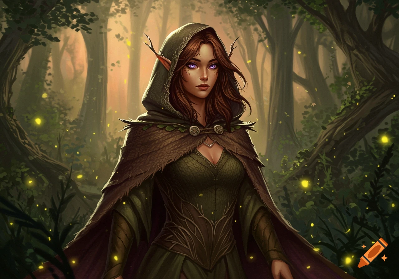 A female elf with long brown hair and striking purple eyes looks over ...