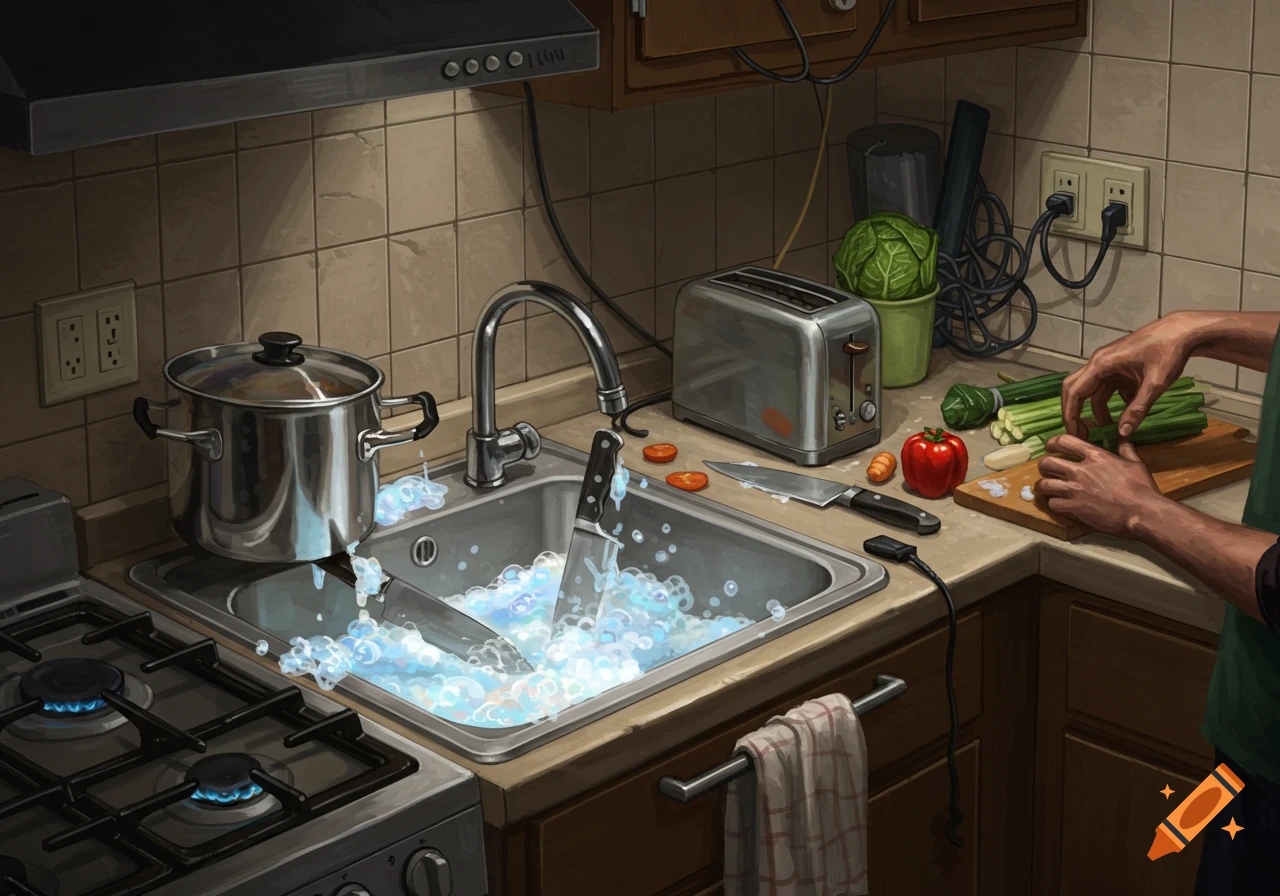 A detailed illustration of a messy kitchen counter with a person ...