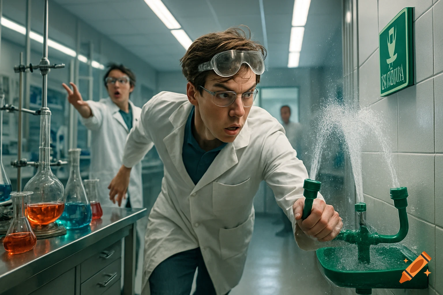 A photorealistic tabby cat in a science lab, pawing at a test tube ...