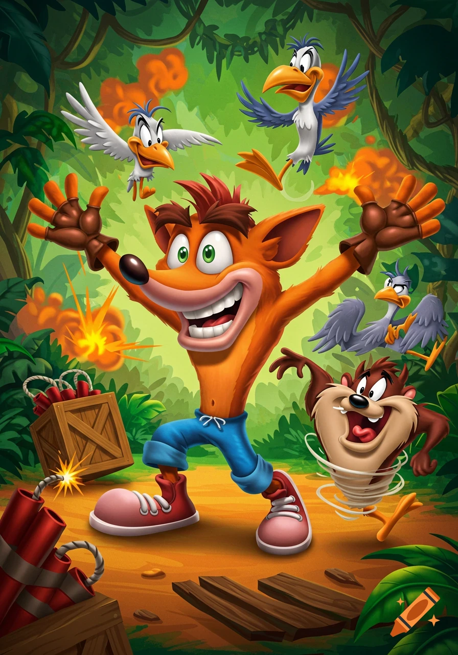 Cartoon illustration of Crash Bandicoot, a Taz-like character, and ...