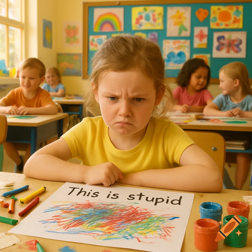 A young girl in an elementary art class frowns at her paper, which says ...