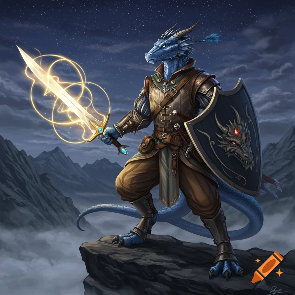 A blue kobold fighter with a spear stands ready in a glowing fantasy ...