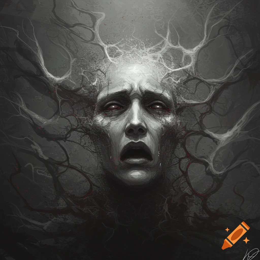 A black and grey lowbrow illustration of a monstrous, distorted face ...