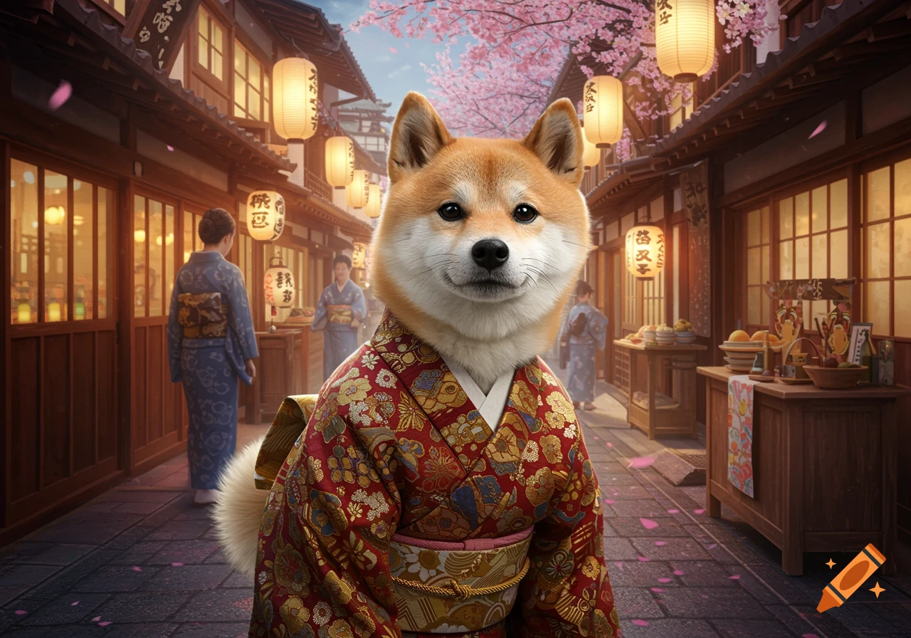 An Akita Inu dog with a red samurai sword stands before a Japanese ...