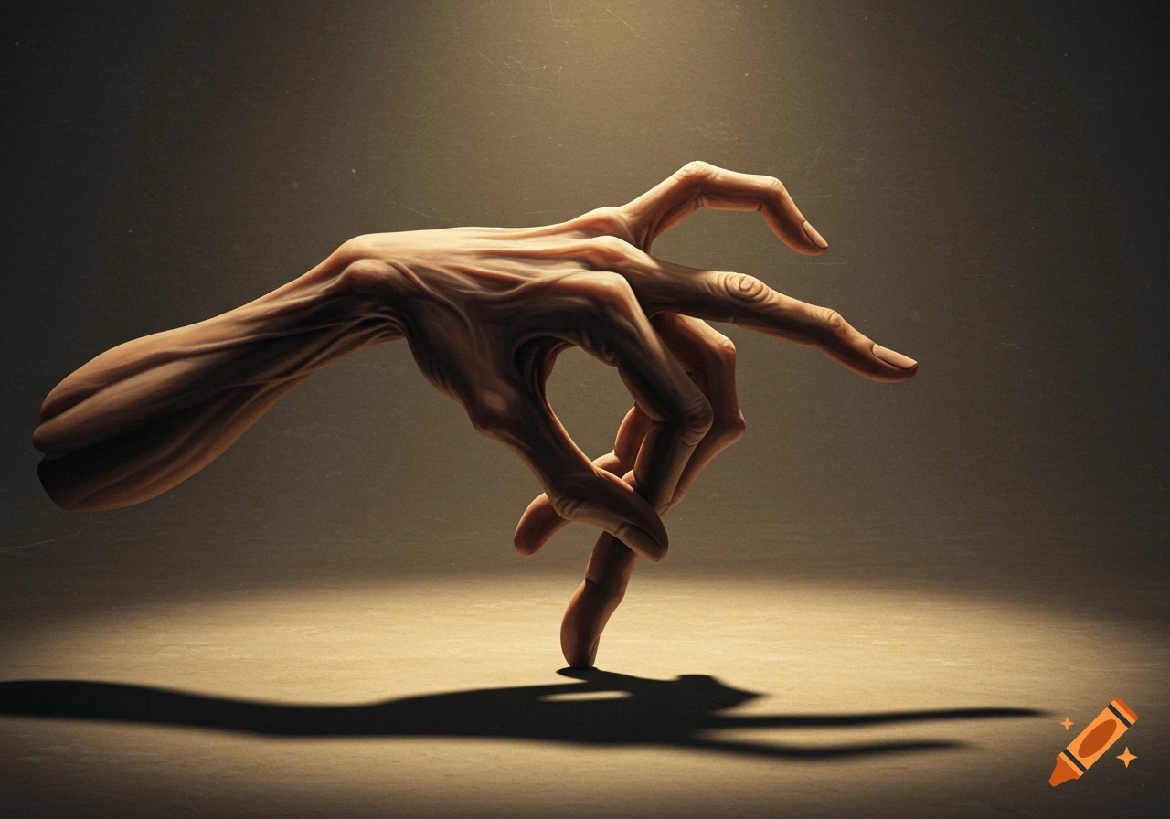 A shadowy, skeletal hand with elongated fingers stands on one fingertip ...