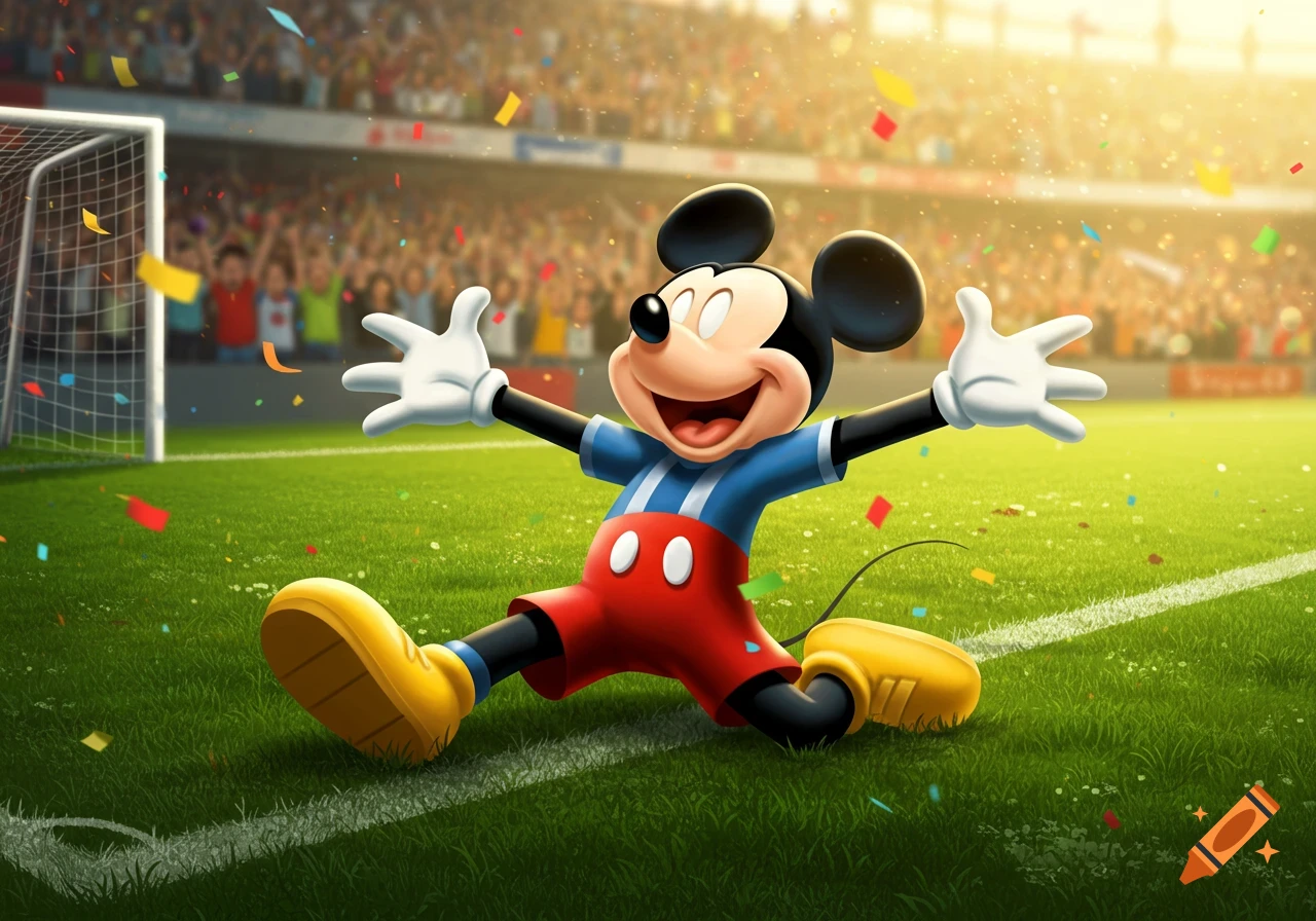 Mickey Mouse cartoon with arms outstretched in a vibrant, sparkling ...