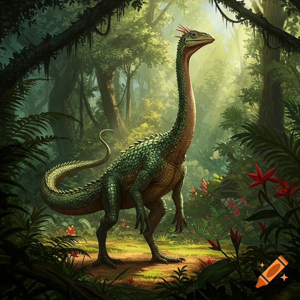 A large green, long-necked dinosaur with a red crest stands in a ...