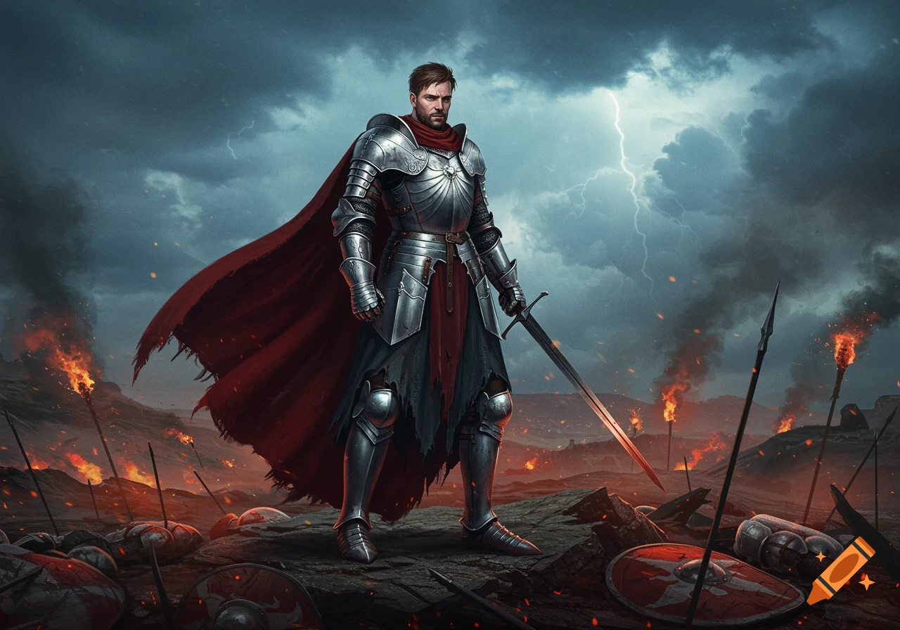 A proud knight in gleaming armor stands on a battlefield at sunset, holding a sword and shield ...