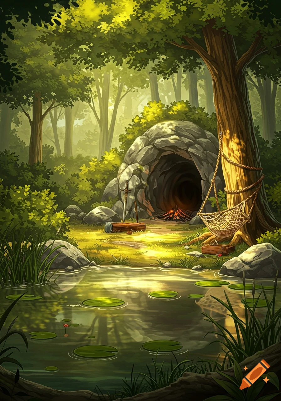 A cute, green Treeko Pokemon sleeps curled up in a sunlit grassy forest ...