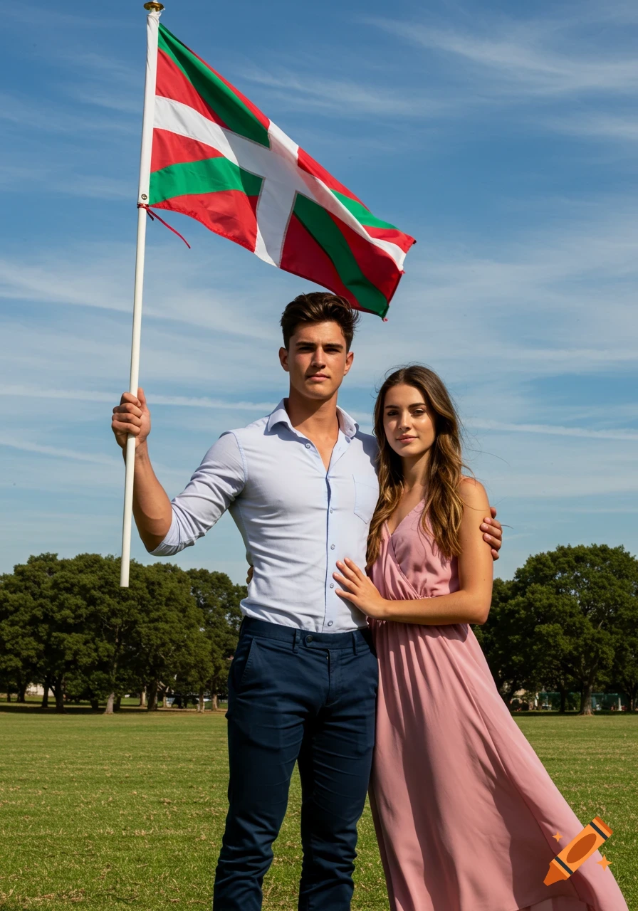 A young man holding a Basque flag pole with a young woman standing ...