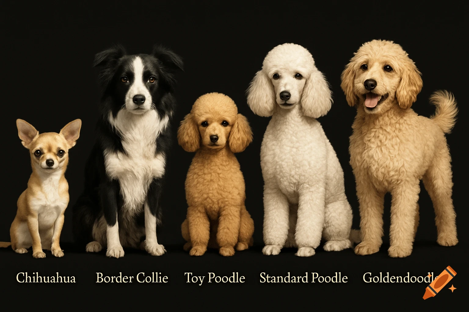 Four dogs of different breeds and colors sit in a row as a hand holds a ...