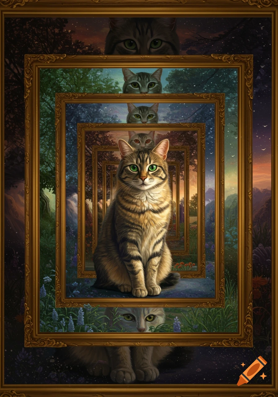 A brown tabby cat with green eyes sits within multiple ornate golden ...