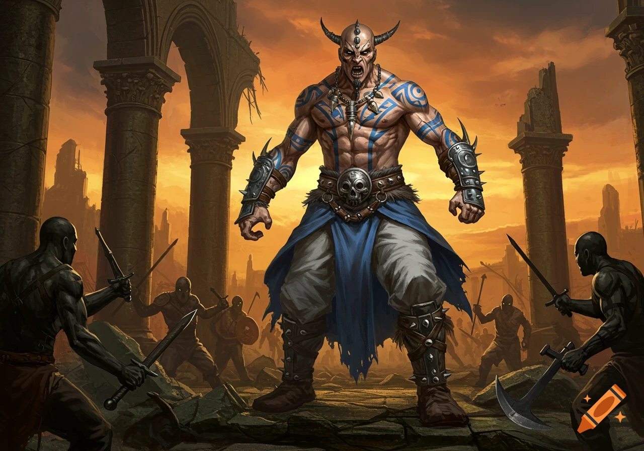 A powerful horned warrior with blue tribal tattoos confronts dark ...