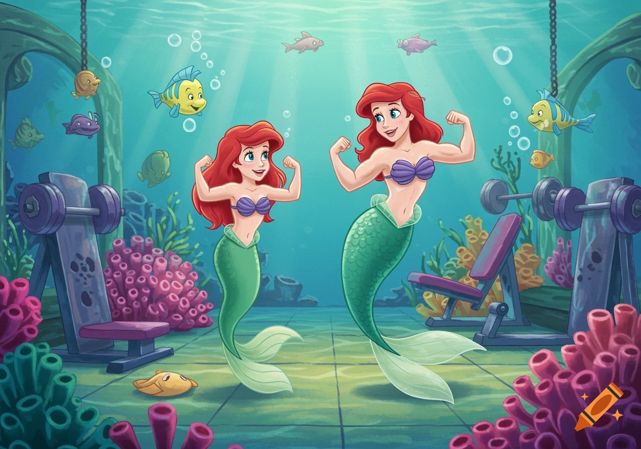 Two cartoon mermaids, one adult and one child, flex their biceps in an ...