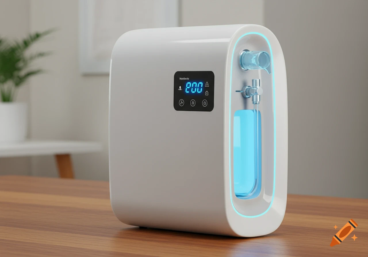 A white, modern oxygen concentrator with a blue glowing screen and ...